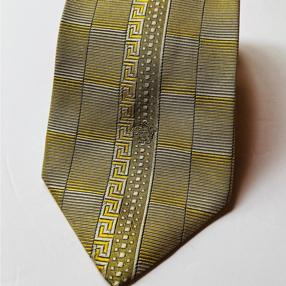 Gianni Versace Gold Greek Key Medusa Silk Tie - Italy - Gem